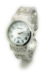 wincci ladies elegant metal bangle cuff fashion watch pearl dial (silver)