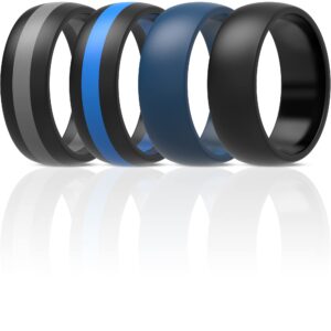 thunderfit mens silicone rings wedding bands, classic & striped style 8.7 mm wide 2.5mm thick - 1/4/7 variety multipack (black, midnight blue, black-iron grey, black-blue line, 7.5-8 (18.20mm))