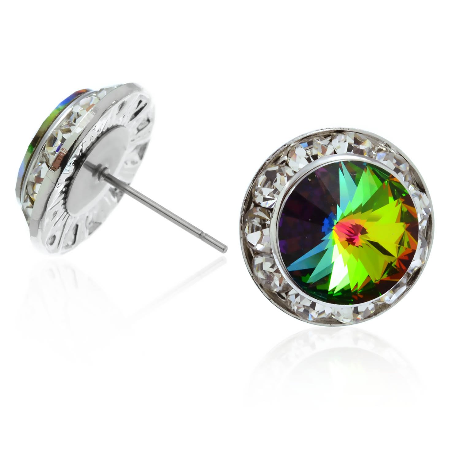 Green Blue Vitrail Crystal 15mm Round Post Earrings