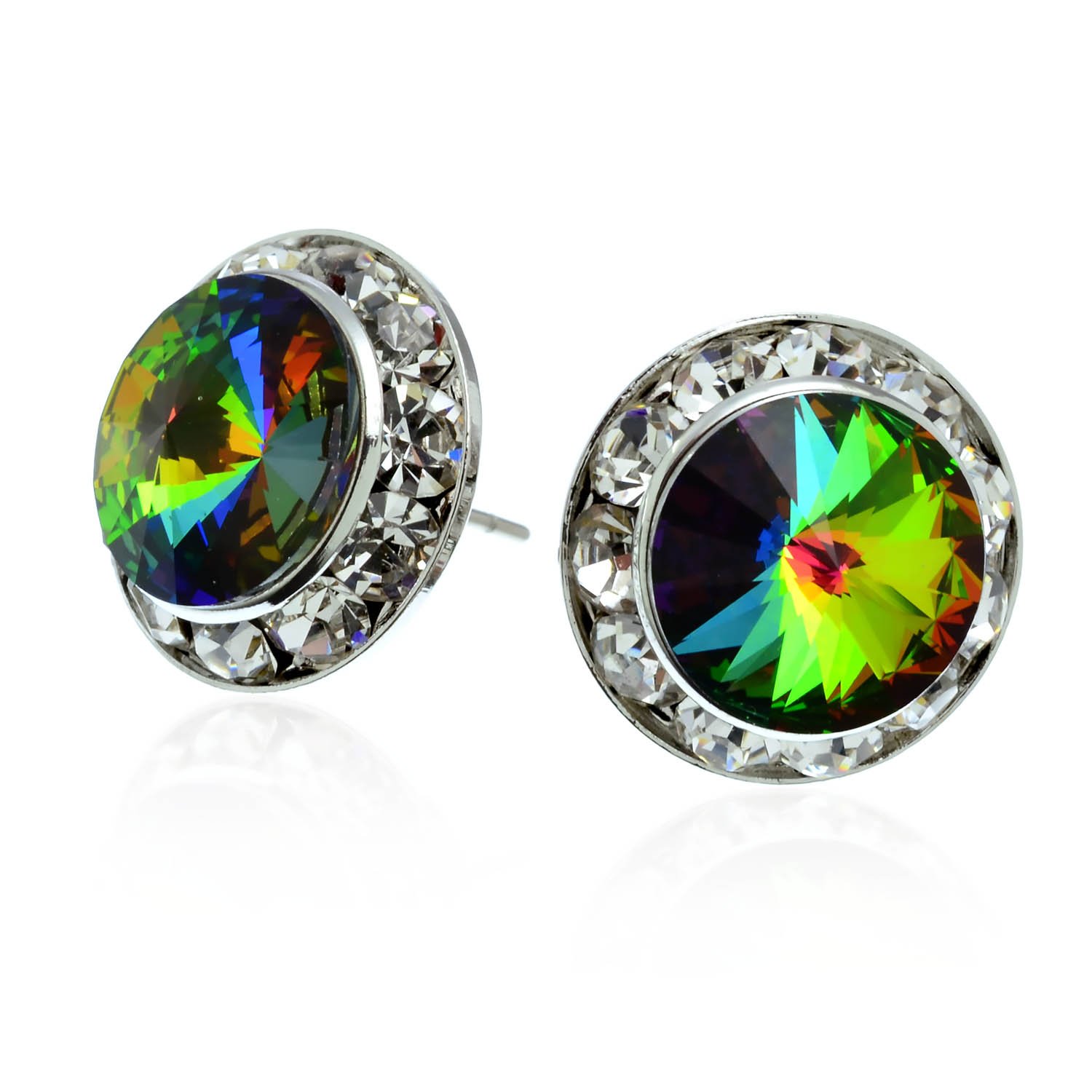 Green Blue Vitrail Crystal 15mm Round Post Earrings