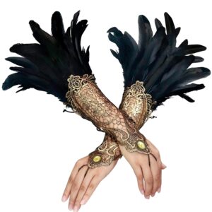 L'VOW 2Pcs Gothic Black Lace Feather Long Gloves for Women Halloween Witch Costume Swan Wristband Cuff