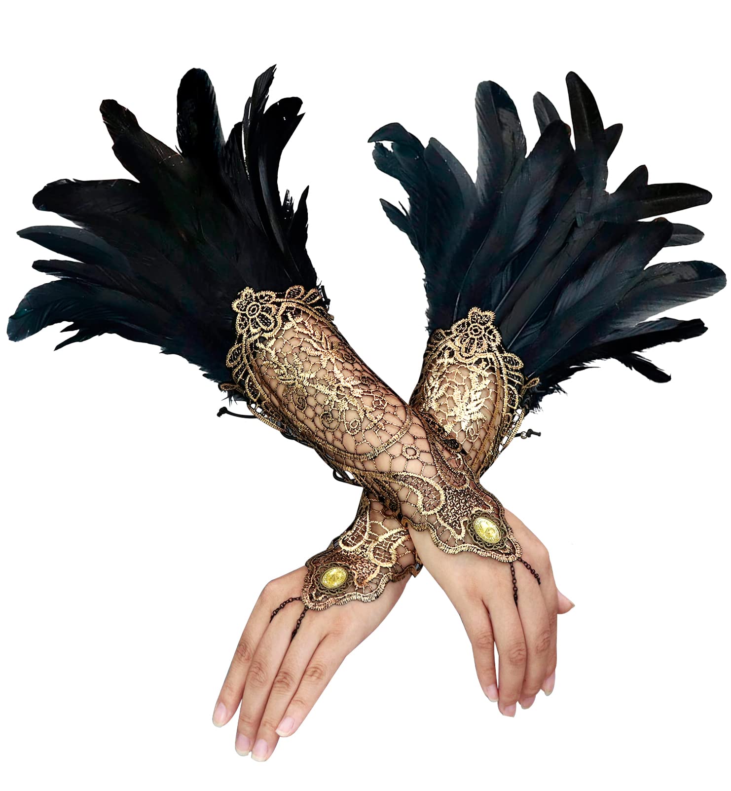 L'VOW 2Pcs Gothic Black Lace Feather Long Gloves for Women Halloween Witch Costume Swan Wristband Cuff