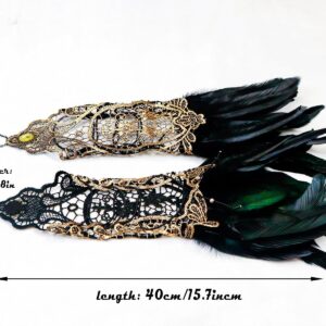 L'VOW 2Pcs Gothic Black Lace Feather Long Gloves for Women Halloween Witch Costume Swan Wristband Cuff