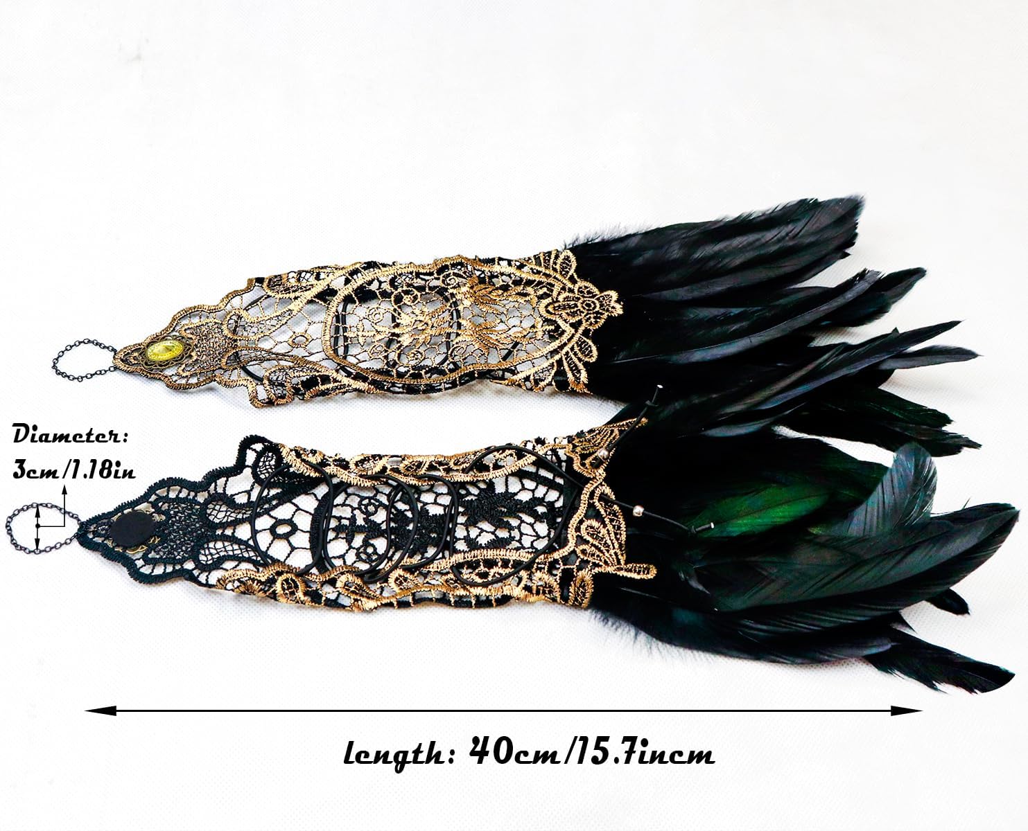 L'VOW 2Pcs Gothic Black Lace Feather Long Gloves for Women Halloween Witch Costume Swan Wristband Cuff