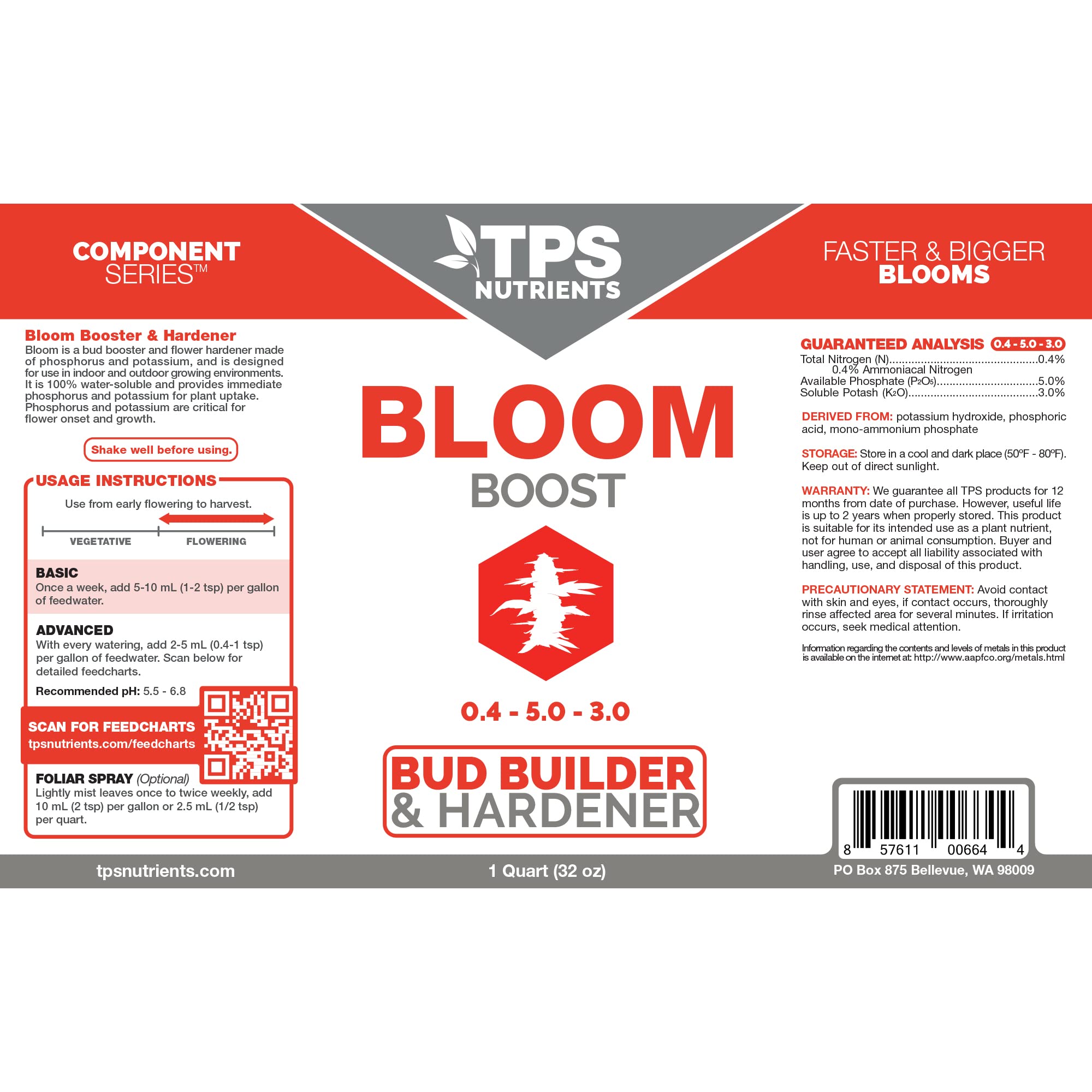 Bloom Bud Builder & Flower Hardener Plant Nutrient and Supplement, Triggers Fast Flowering by TPS Nutrients, 1 Quart (32 oz)