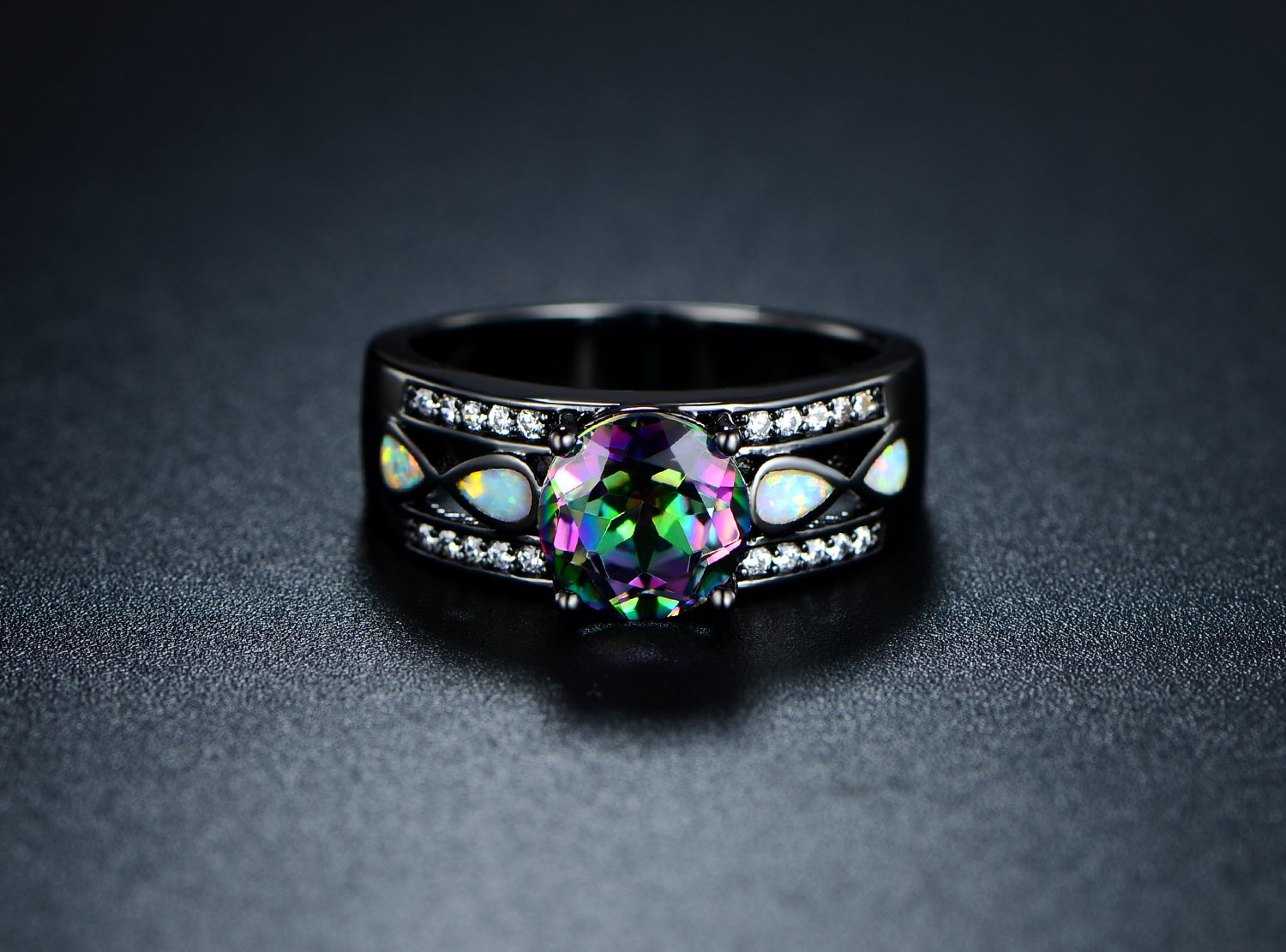 Barzel Black Rhodium Plated Created Black Opal Ring for Women, Sizes 5-10