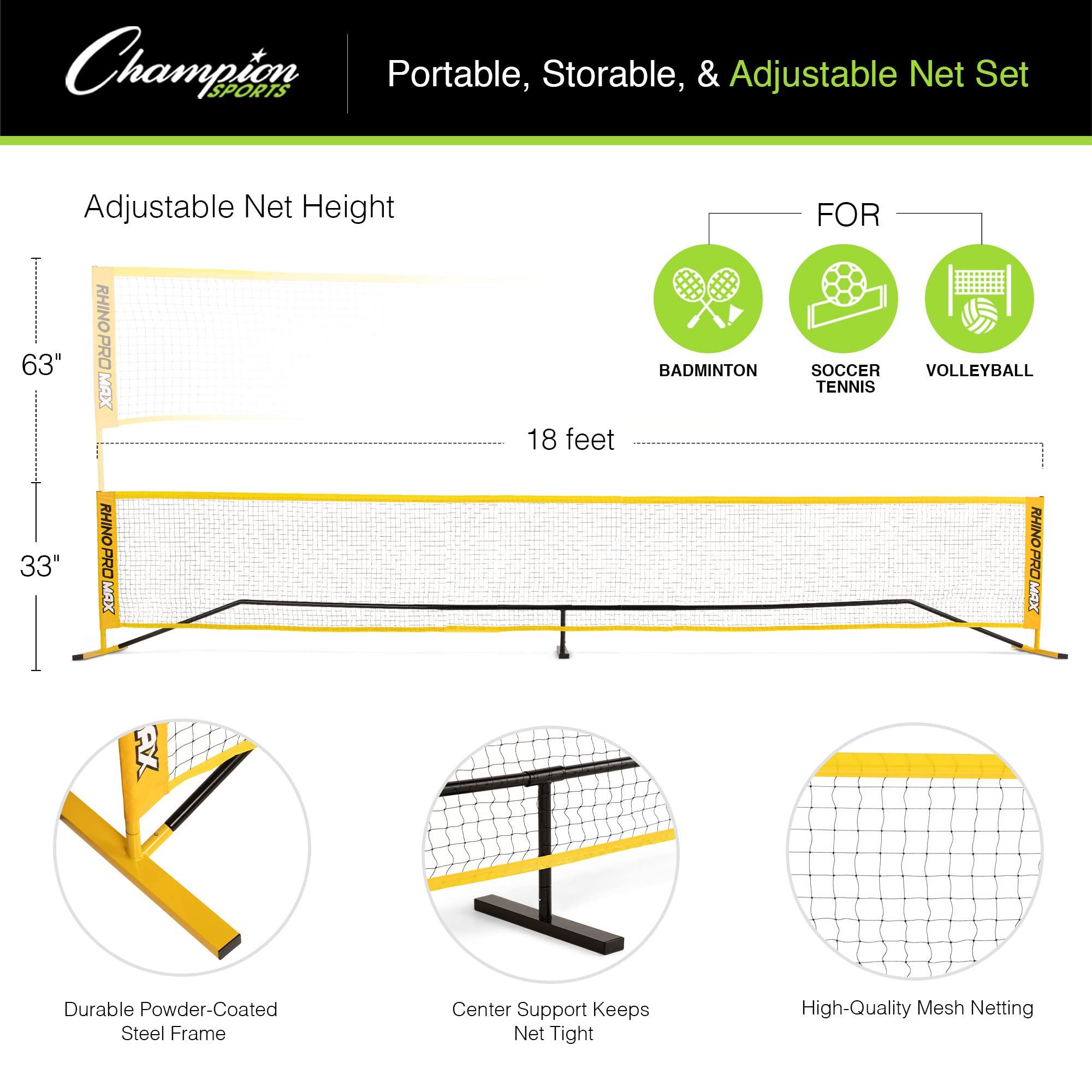 Champion Sports Adjustable Sport Net: Portable Sport Game Net for Volleyball, Tennis, Pickleball, and Badminton - Multiple Widths