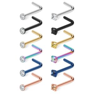 ruifan 12pcs 18g mix color stainless steel clear diamond cz nose studs rings l shaped piercing jewelry 1.5mm 2mm 2.5mm 3mm