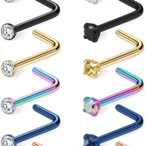 Ruifan 12PCS 18G Mix Color Stainless Steel Clear Diamond CZ Nose Studs Rings L Shaped Piercing Jewelry 1.5mm 2mm 2.5mm 3mm