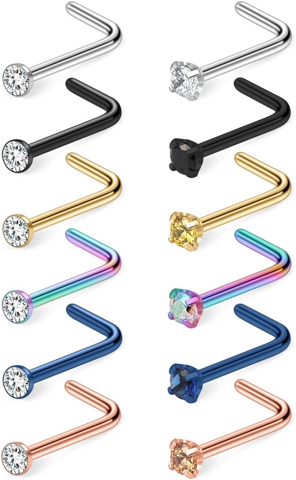 Ruifan 12PCS 18G Mix Color Stainless Steel Clear Diamond CZ Nose Studs Rings L Shaped Piercing Jewelry 1.5mm 2mm 2.5mm 3mm