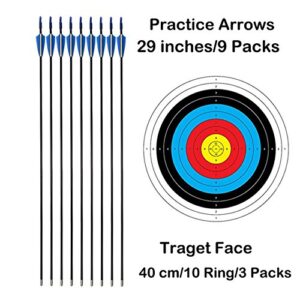 54" Long Bow for Right Handed 30 LBs Draw Weight Archery Bow Shooting Larp Hunting Game with 9 Arrows and 3 Target Faces