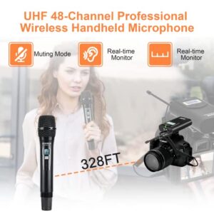 comica cvm-wm100h wireless handheld microphone with uhf 48 channels, 328 ft wireless range,real time monitor, lcd display, wireless microphone for camera, camcorder, iphone, samsung and more