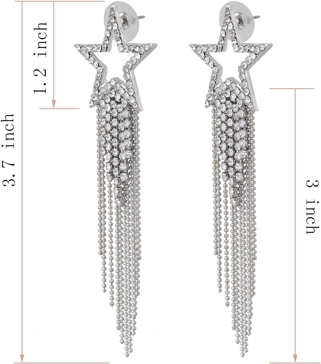 Women’s Tassel Earrings Star Ear Stud Pave Crystal Dangle Earrings Boho Waterfall Beaded Fringe Drop Earring