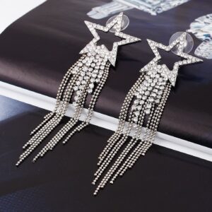 Women’s Tassel Earrings Star Ear Stud Pave Crystal Dangle Earrings Boho Waterfall Beaded Fringe Drop Earring