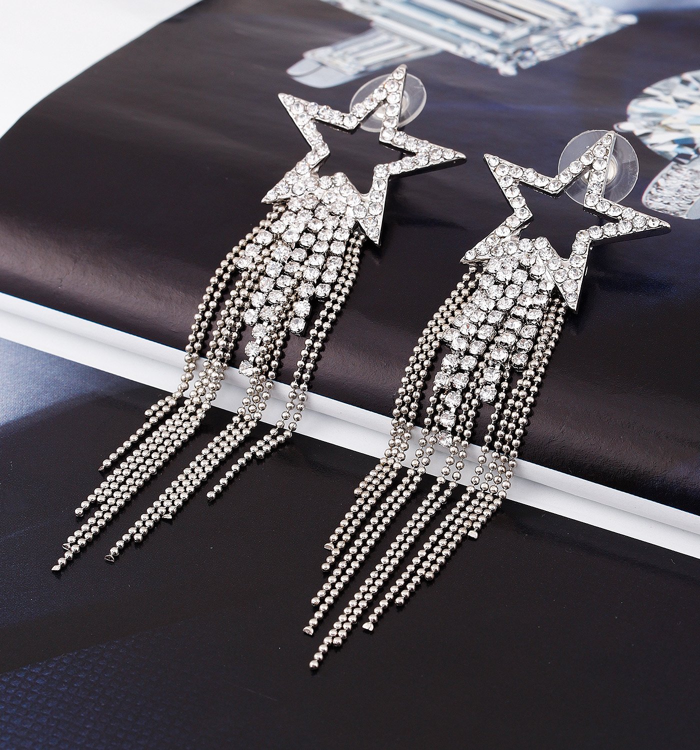 Women’s Tassel Earrings Star Ear Stud Pave Crystal Dangle Earrings Boho Waterfall Beaded Fringe Drop Earring