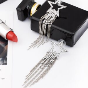 Women’s Tassel Earrings Star Ear Stud Pave Crystal Dangle Earrings Boho Waterfall Beaded Fringe Drop Earring