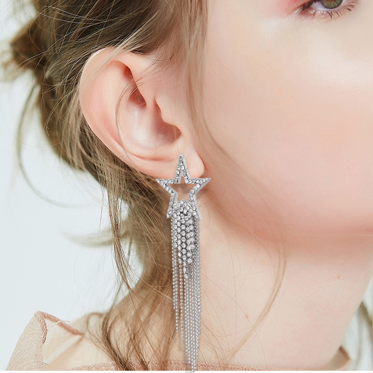 Women’s Tassel Earrings Star Ear Stud Pave Crystal Dangle Earrings Boho Waterfall Beaded Fringe Drop Earring