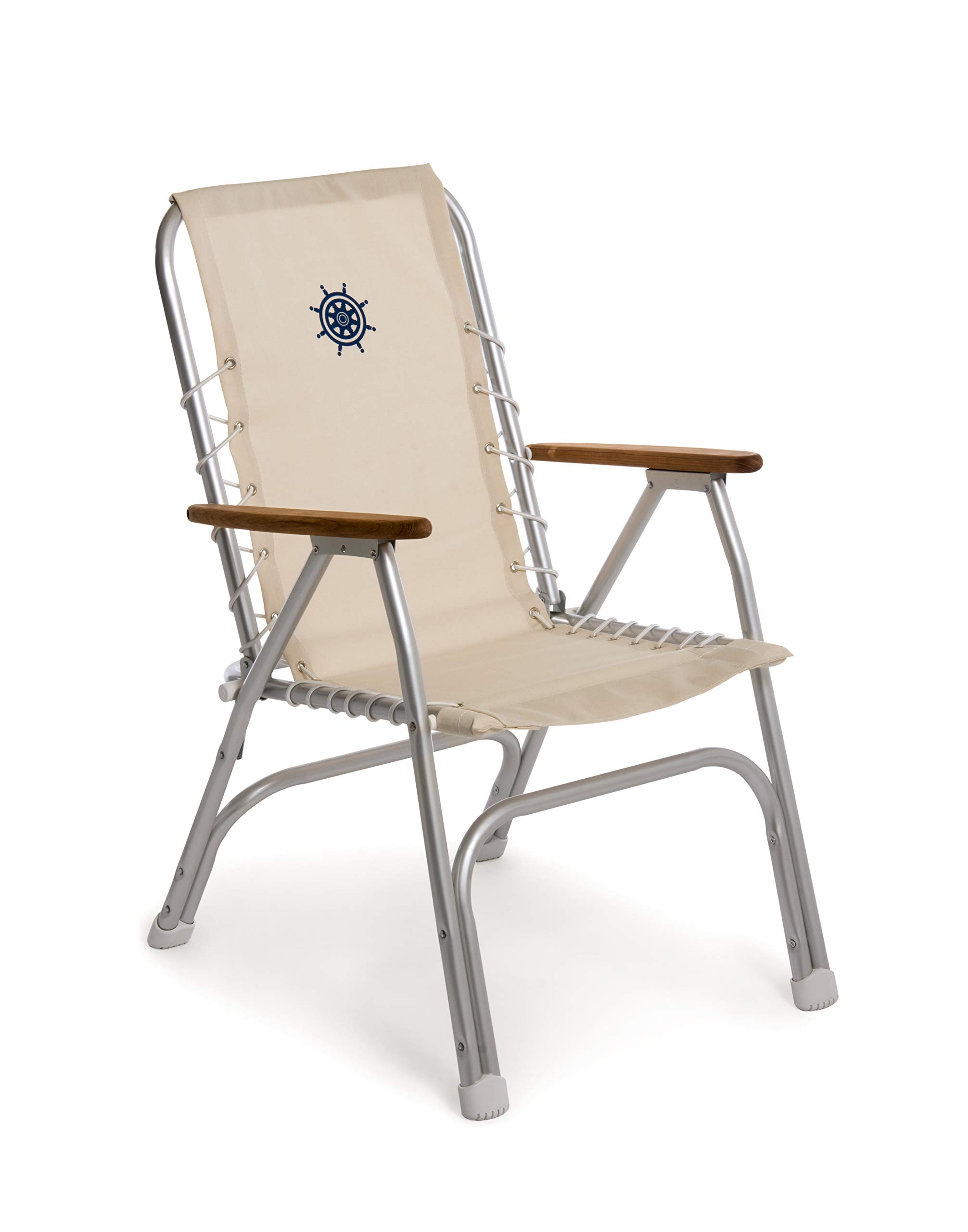 FORMA MARINE Boat Chairs High Back Off-White Deck Folding Marine Aluminum Teak Furniture Set of 2 M150W