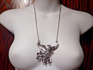 silver phoenix pendant on chain necklace fire bird fantasy creature animal wings feathers