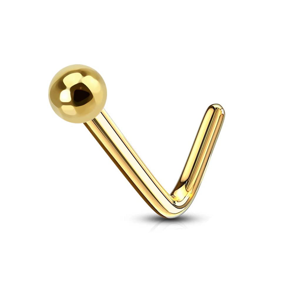 14K Yellow Gold Plain Ball Top 22 Gauge L Bend Nose Stud Piercing