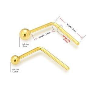 14K Yellow Gold Plain Ball Top 22 Gauge L Bend Nose Stud Piercing