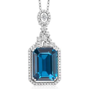 Gem Stone King 925 Sterling Silver London Blue Topaz Pendant Necklace For Women (10.10 Cttw, Emerald Cut 14X10MM, Gemstone Birthstone with 18 Inch Silver Chain)