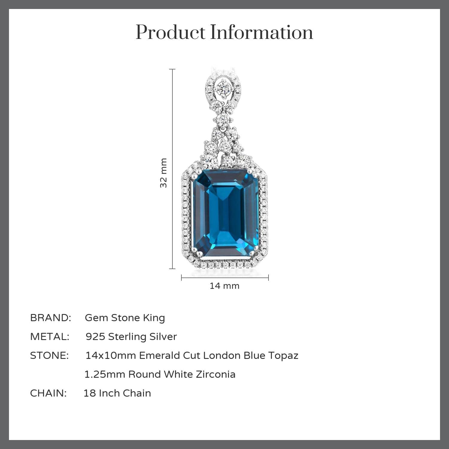 Gem Stone King 925 Sterling Silver London Blue Topaz Pendant Necklace For Women (10.10 Cttw, Emerald Cut 14X10MM, Gemstone Birthstone with 18 Inch Silver Chain)