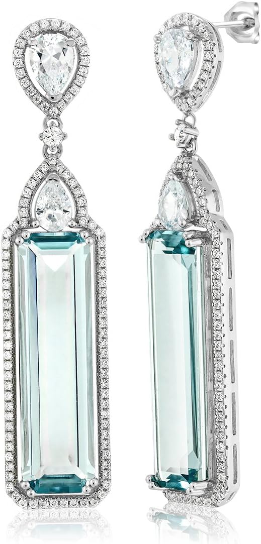 Gem Stone King 925 Sterling Silver Simulated Aquamarine Art Deco Dangle Earrings For Women (12.00 Cttw, 2 Inch)