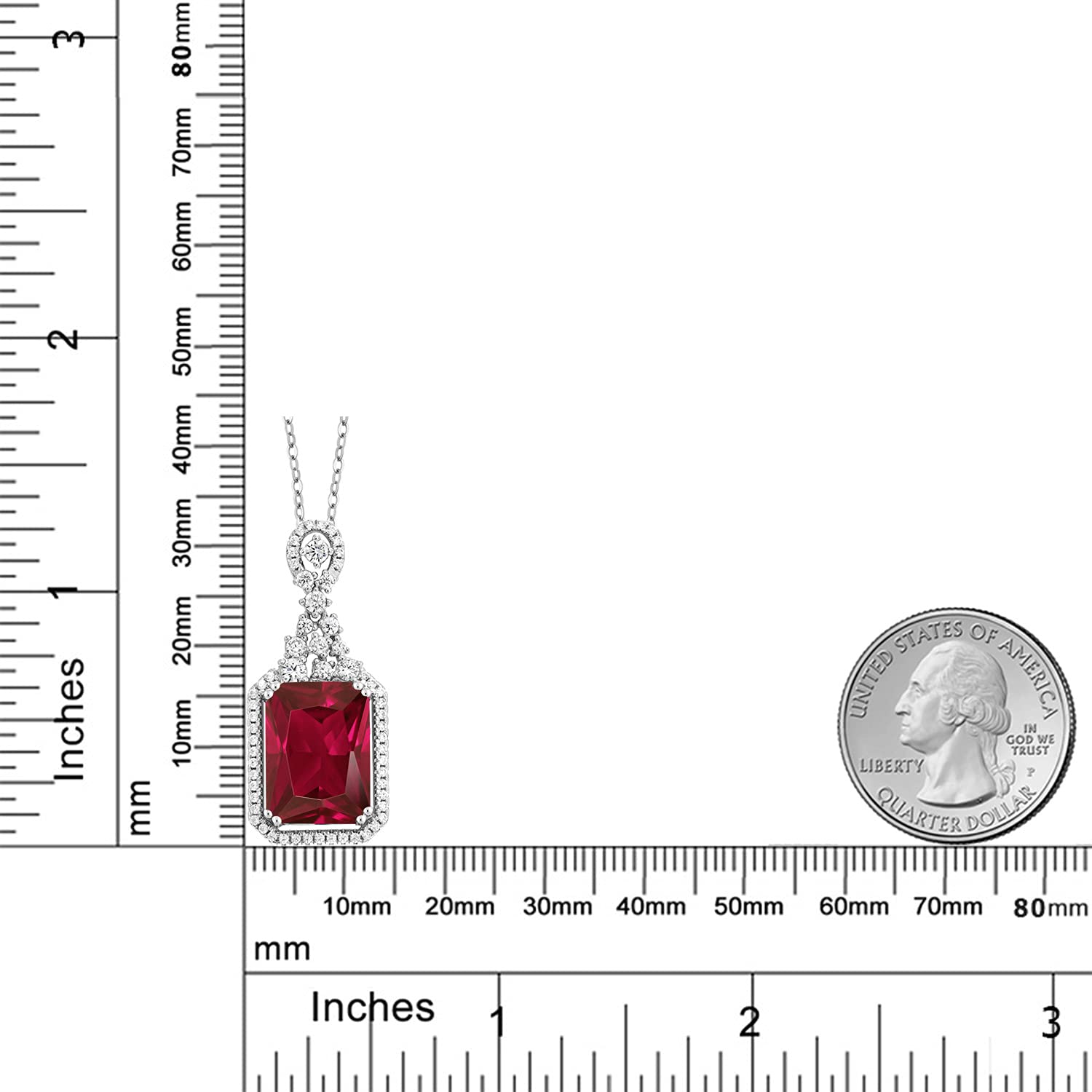 Gem Stone King 925 Sterling Silver Red Created Ruby Pendant Necklace For Women (5.60 Cttw, Emerald Cut 14X10MM, with 18 Inch Silver Chain)