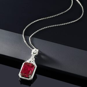 Gem Stone King 925 Sterling Silver Red Created Ruby Pendant Necklace For Women (5.60 Cttw, Emerald Cut 14X10MM, with 18 Inch Silver Chain)