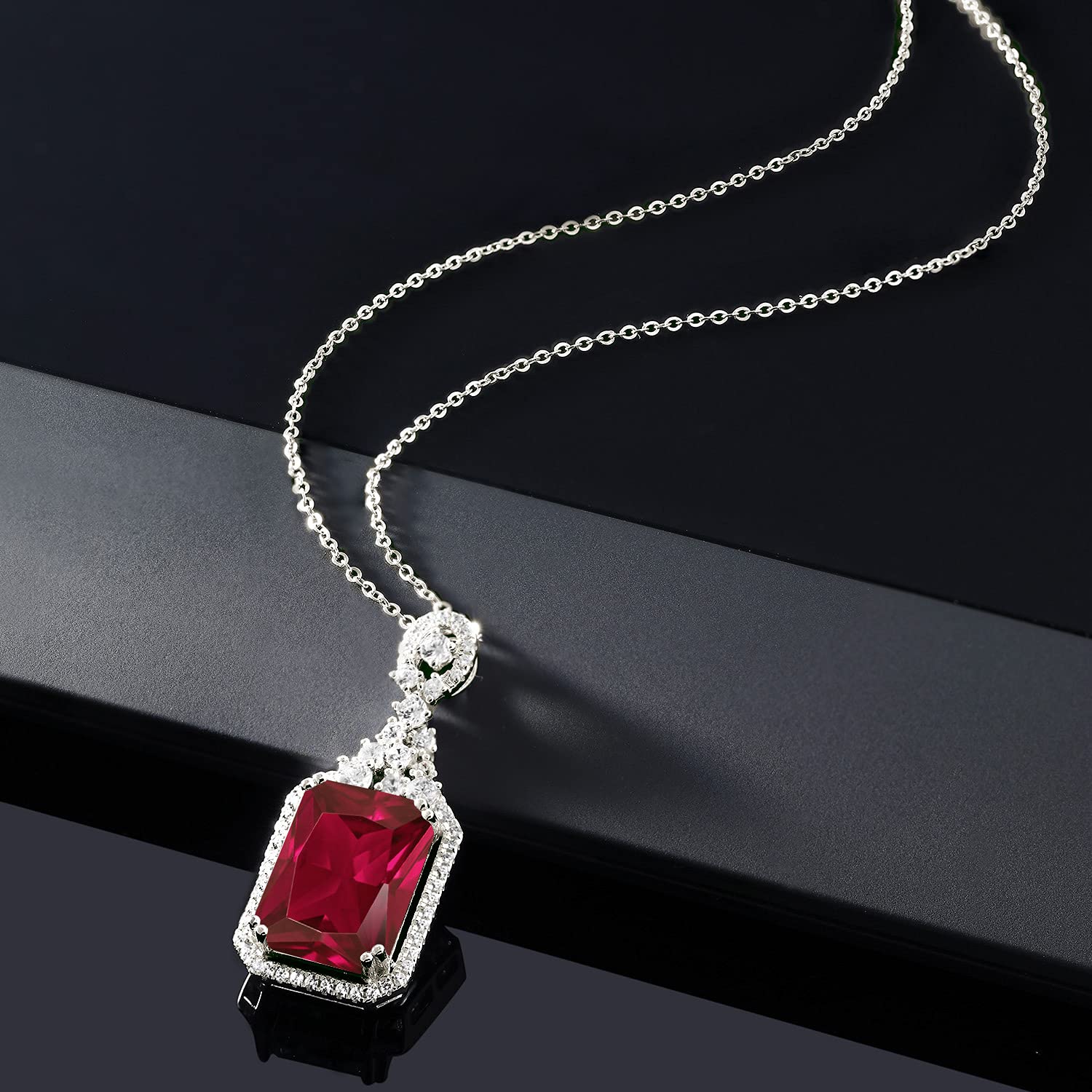 Gem Stone King 925 Sterling Silver Red Created Ruby Pendant Necklace For Women (5.60 Cttw, Emerald Cut 14X10MM, with 18 Inch Silver Chain)