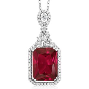 Gem Stone King 925 Sterling Silver Red Created Ruby Pendant Necklace For Women (5.60 Cttw, Emerald Cut 14X10MM, with 18 Inch Silver Chain)