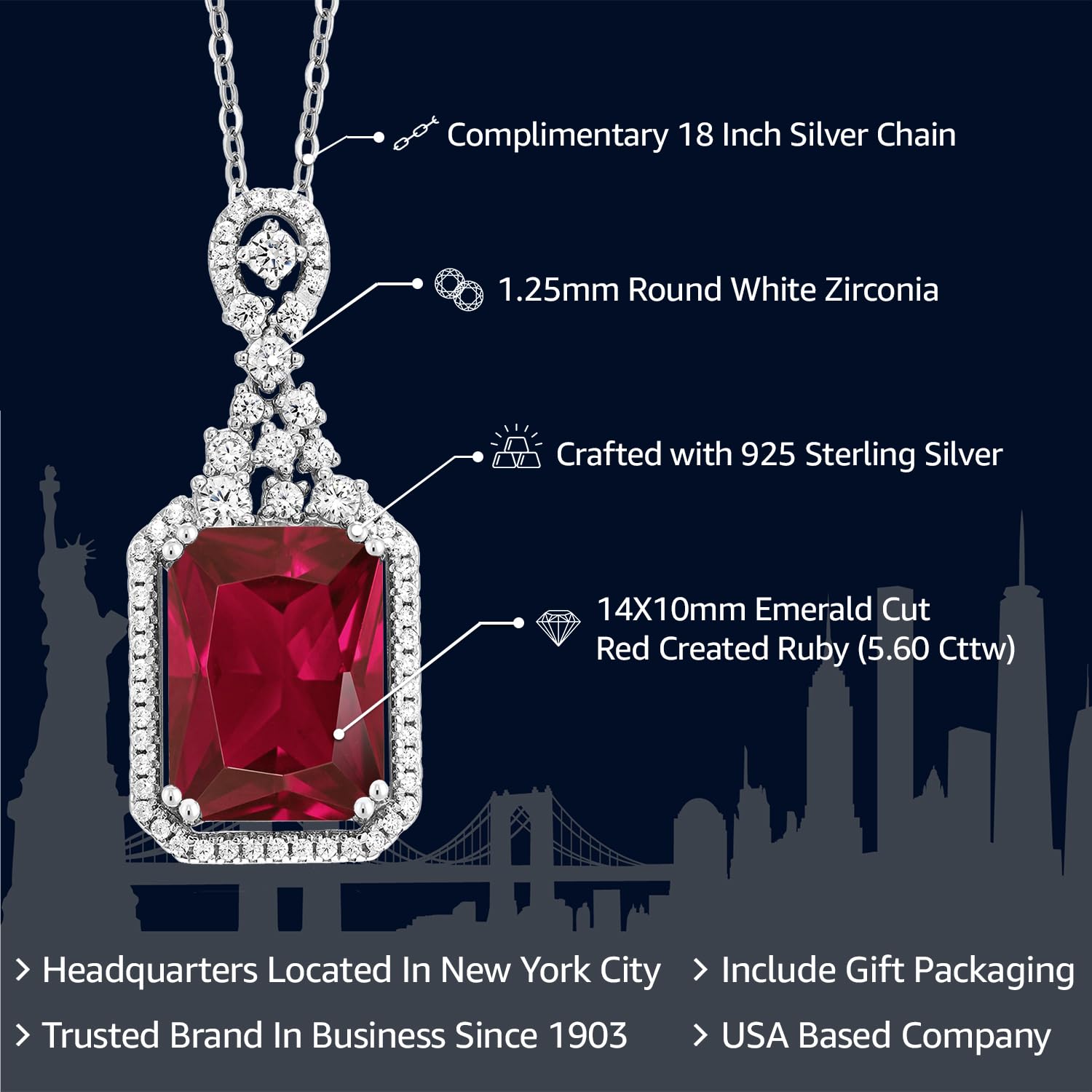 Gem Stone King 925 Sterling Silver Red Created Ruby Pendant Necklace For Women (5.60 Cttw, Emerald Cut 14X10MM, with 18 Inch Silver Chain)