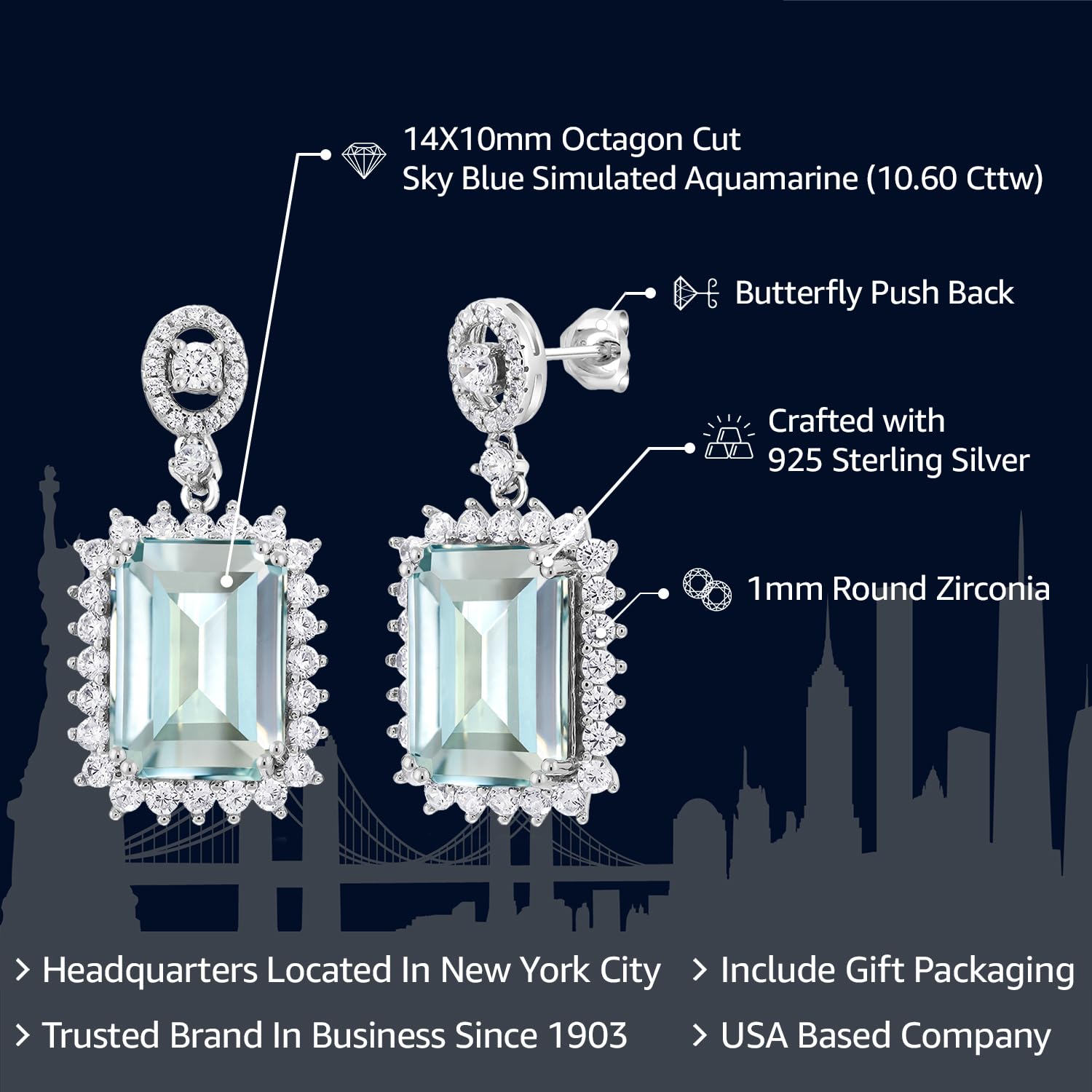 Gem Stone King 925 Sterling Silver Sky Blue Simulated Aquamarine Earrings | Emerald Cut 14X10MM Dangle Earrings For Women | Gemstone March Birthstone | 13.88 Cttw