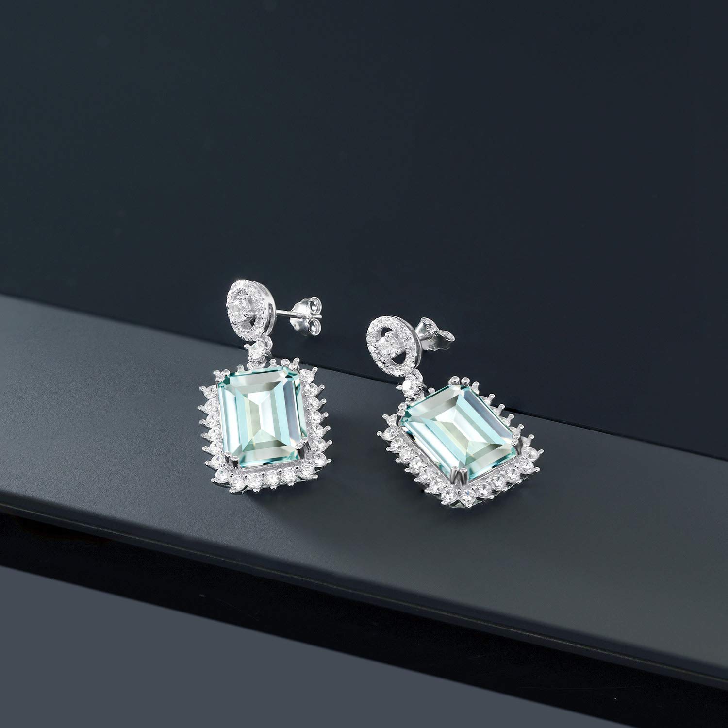 Gem Stone King 925 Sterling Silver Sky Blue Simulated Aquamarine Earrings | Emerald Cut 14X10MM Dangle Earrings For Women | Gemstone March Birthstone | 13.88 Cttw