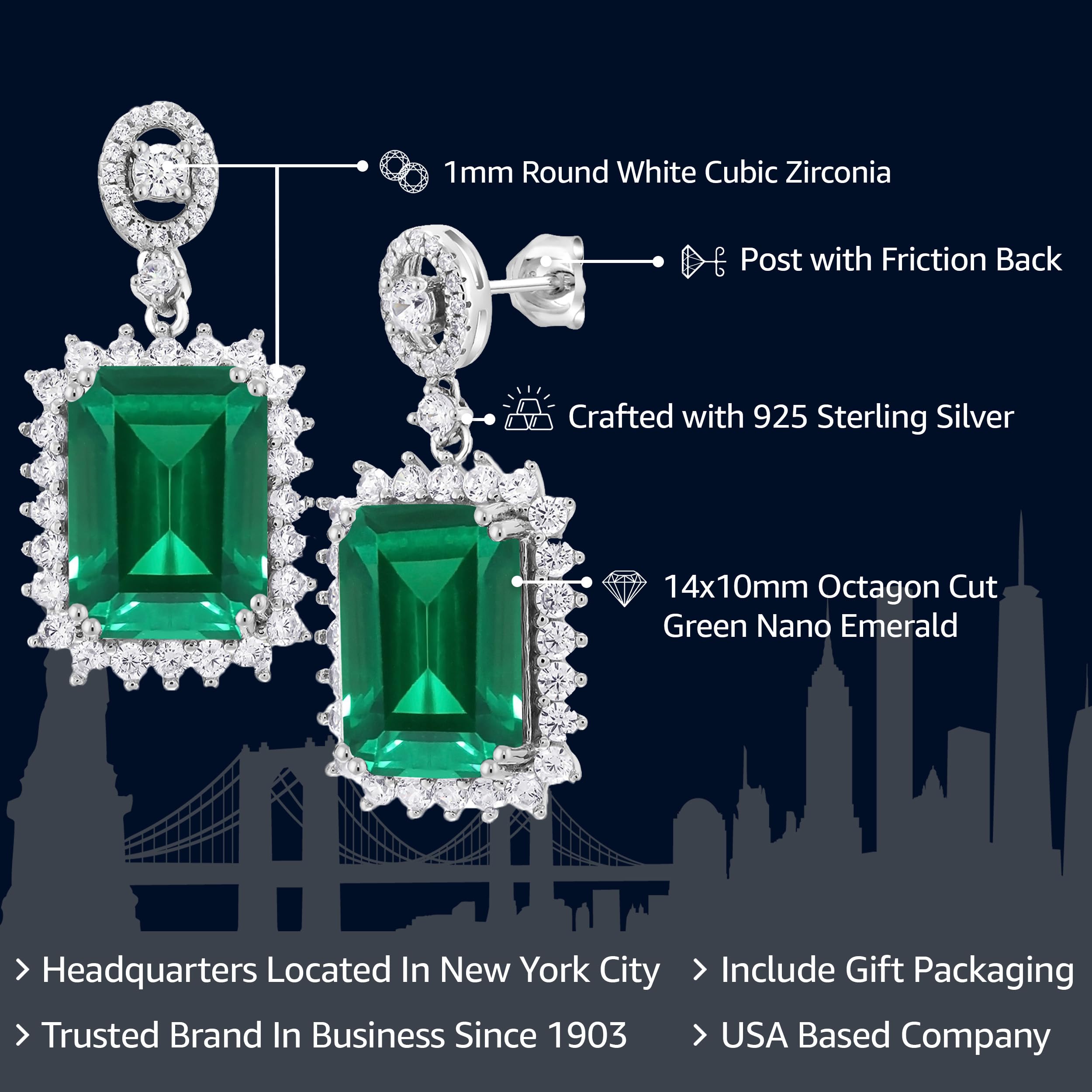 Gem Stone King 925 Sterling Silver Green Nano Emerald Dangle Earrings For Women (13.60 Cttw, Gemstone May Birthstone, Emerald Cut 14X10MM)