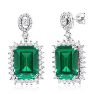 Gem Stone King 925 Sterling Silver Green Nano Emerald Dangle Earrings For Women (13.60 Cttw, Gemstone May Birthstone, Emerald Cut 14X10MM)