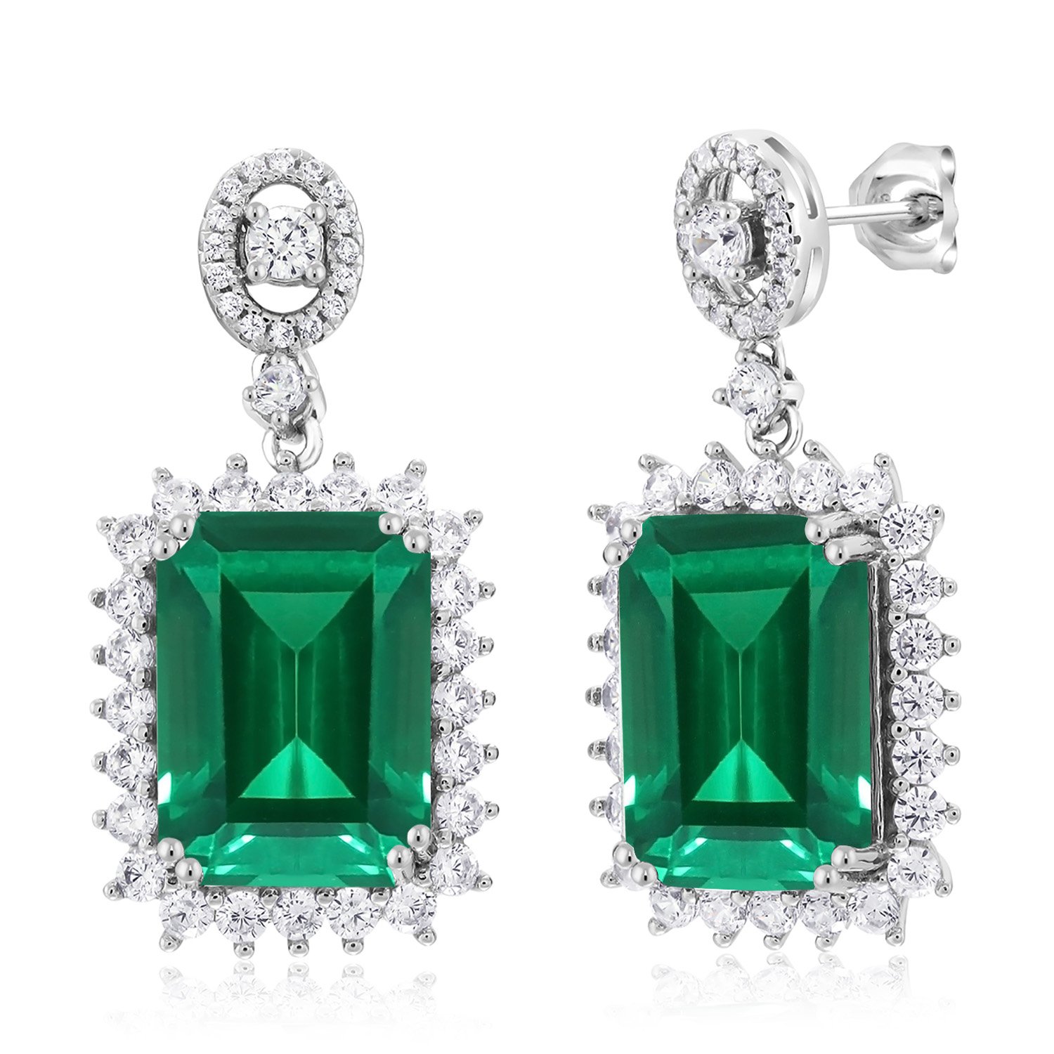 Gem Stone King 925 Sterling Silver Green Nano Emerald Dangle Earrings For Women (13.60 Cttw, Gemstone May Birthstone, Emerald Cut 14X10MM)