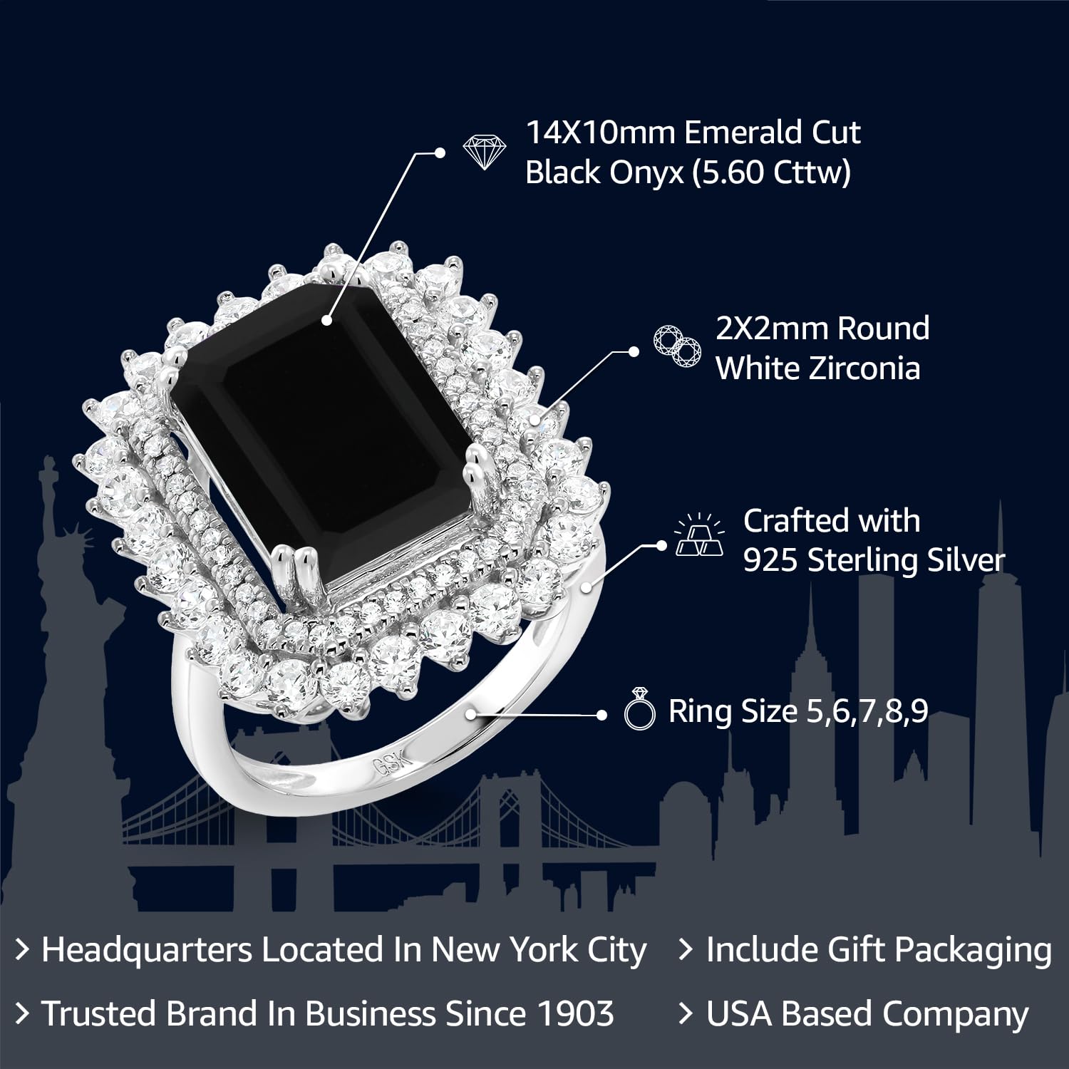 Gem Stone King 925 Sterling Silver Black Onyx Ring For Women (5.60 Cttw, Emerald Cut 14X10MM, Gemstone Birthstone, Available In Size 5, 6, 7, 8, 9)