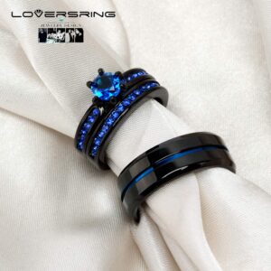 loversring couple ring bridal set his hers women black gold filled blue agate men stainless steel wedding ring band