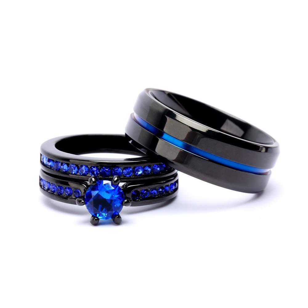 LOVERSRING Couple Ring Bridal Set His Hers Women Black Gold Filled Blue Agate Men Stainless Steel Wedding Ring Band