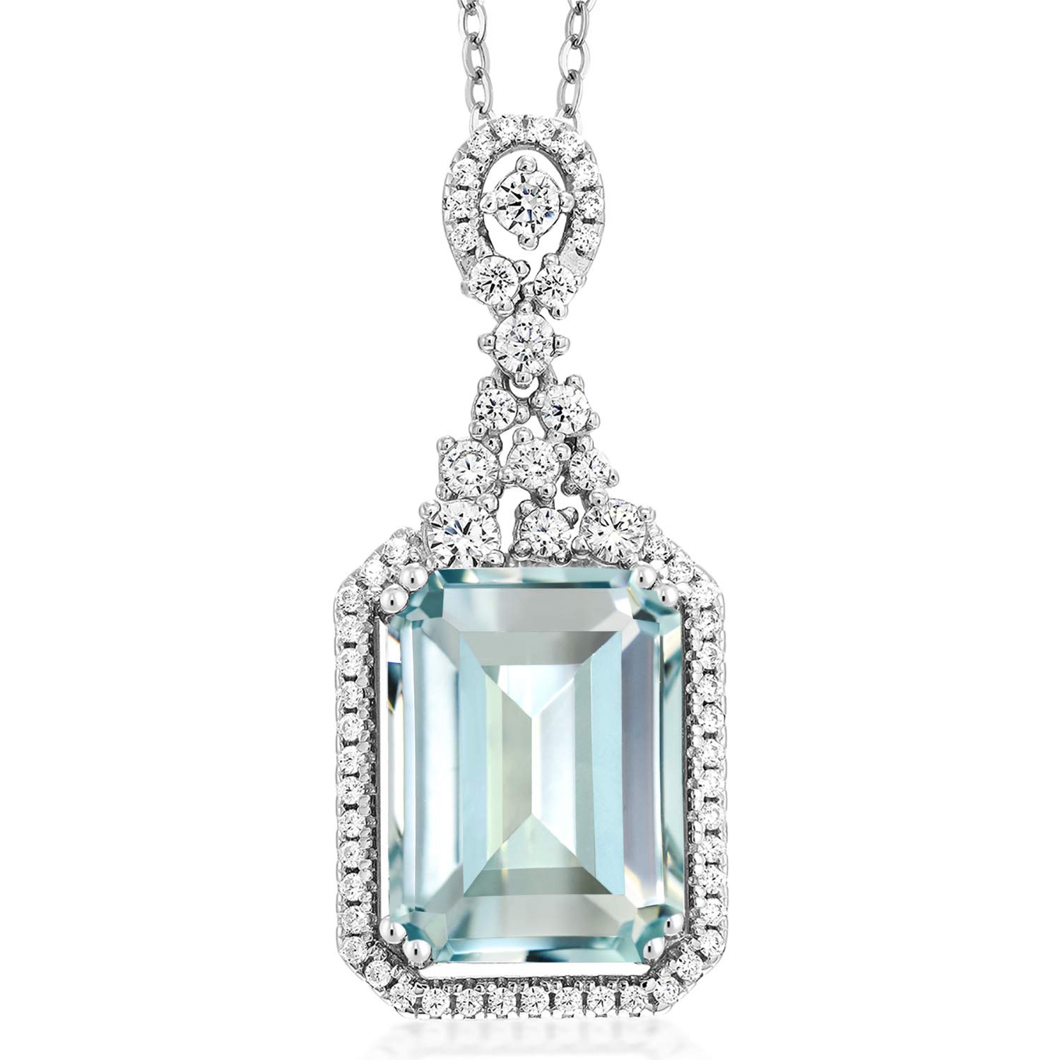 Gem Stone King 7.24 Cttw Sky Blue Simulated Aquamarine Necklace In 925 Sterling Silver | Emerald Cut 14X10MM Pendant Necklace For Women | With 18 Inch Silver Chain