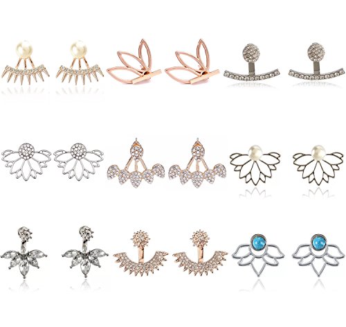 9 Pairs Rose Gold Silver Hollow Lotus Flower Earrings Simple Chic Crystal Pearl Turquoise Stud Earrings Set