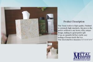 square tissue holder – decorative tissue box cover is finished in beautiful mother of pearl by the metal magician