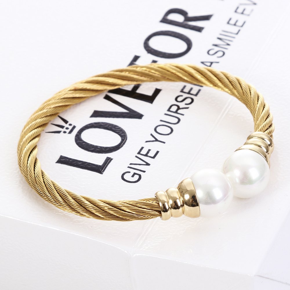 Adjustable Stylish Stainless Steel Twisted Cable Bangle Bracelet Gold-Color with Shell Pearl for Women