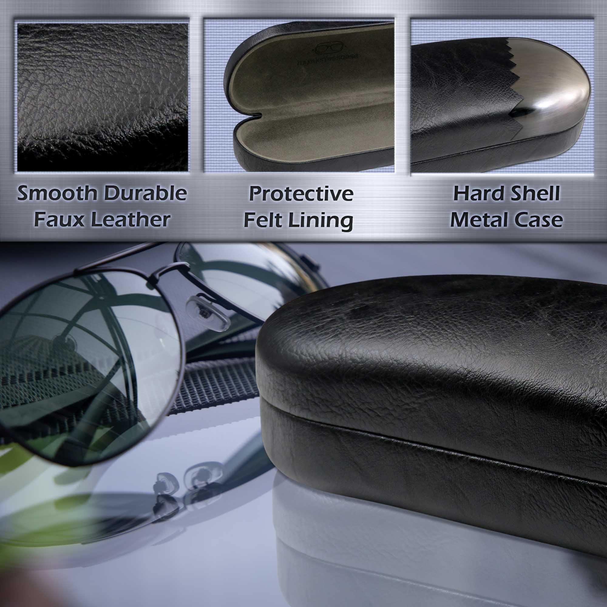 MyEyeglassCase - Large Sunglasses Case - Hard Glasses Case Holder w/Pouch & Cloth - Eyeglass Case Aviator Frames Men & Women