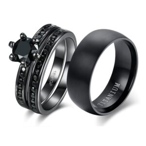 LOVERSRING Couple Ring Bridal Sets His Hers Women 18k Black Gold Plated Cz Men Titanium Wedding Ring Band Set