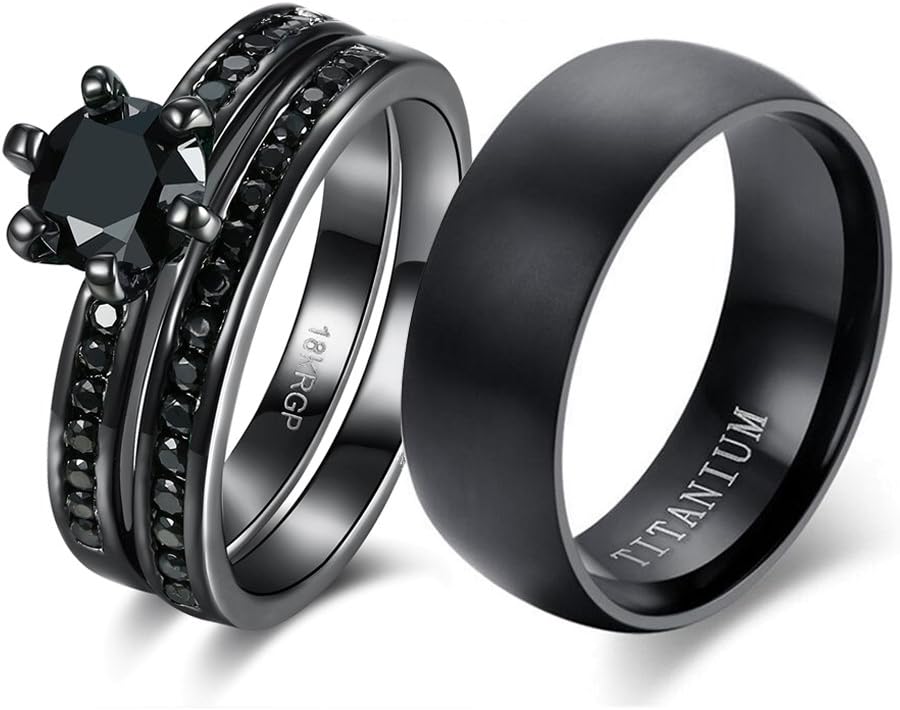 LOVERSRING Couple Ring Bridal Sets His Hers Women 18k Black Gold Plated Cz Men Titanium Wedding Ring Band Set