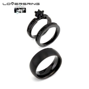 LOVERSRING Couple Ring Bridal Sets His Hers Women 18k Black Gold Plated Cz Men Titanium Wedding Ring Band Set