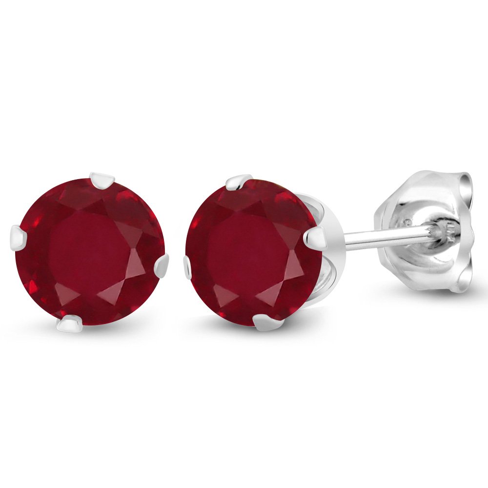 Gem Stone King 925 Sterling Silver Red Ruby Stud Earrings For Women (1.10 Cttw, Round 5MM)